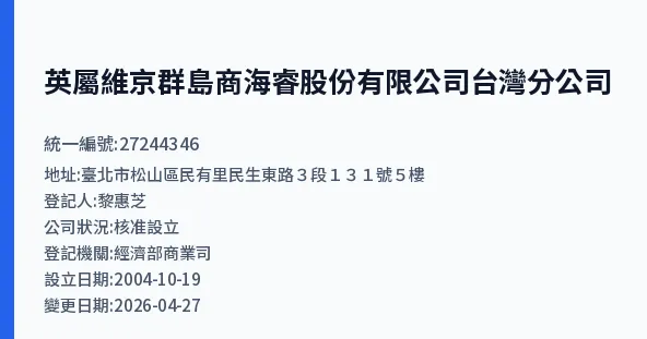 英屬維京群島商海睿股份有限公司台灣分公司的照片-統編 27244346(臺北市) 公司登記資料與營業項目詳細圖表
