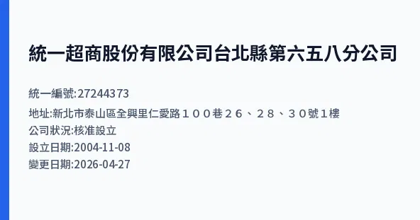 統一超商股份有限公司台北縣第六五八分公司的照片-統編 27244373(新北市) 公司登記資料與營業項目詳細圖表