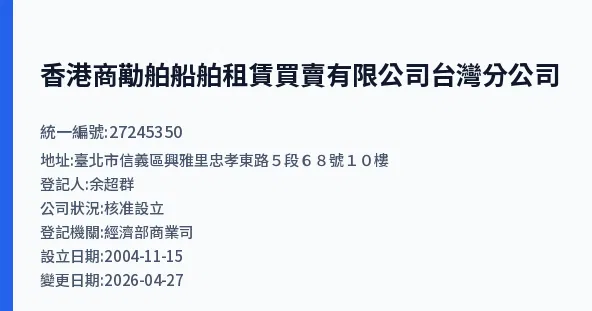 香港商勱舶船舶租賃買賣有限公司台灣分公司的照片-統編 27245350(臺北市) 公司登記資料與營業項目詳細圖表
