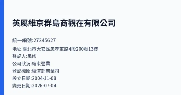英屬維京群島商觀在有限公司的照片-統編 27245627(臺北市) 公司登記資料與營業項目詳細圖表