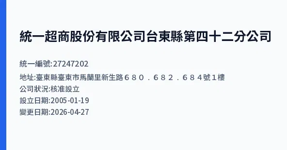 統一超商股份有限公司台東縣第四十二分公司的照片-統編 27247202(臺東縣) 公司登記資料與營業項目詳細圖表