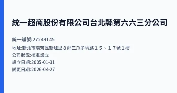 統一超商股份有限公司台北縣第六六三分公司的照片-統編 27249145(新北市) 公司登記資料與營業項目詳細圖表