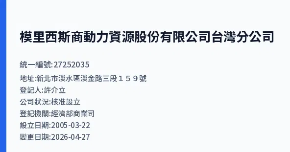 模里西斯商動力資源股份有限公司台灣分公司的照片-統編 27252035(新北市) 公司登記資料與營業項目詳細圖表