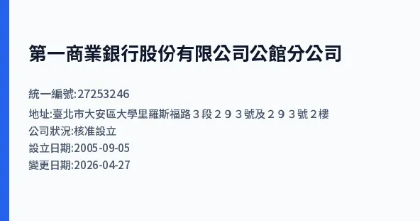 第一商業銀行股份有限公司公館分公司的照片-統編 27253246(臺北市) 公司登記資料與營業項目詳細圖表