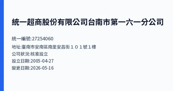 統一超商股份有限公司台南市第一六一分公司的照片-統編 27254060(臺南市) 公司登記資料與營業項目詳細圖表