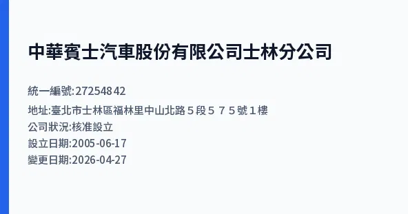 中華賓士汽車股份有限公司士林分公司的照片-統編 27254842(臺北市) 公司登記資料與營業項目詳細圖表