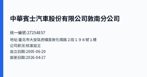 中華賓士汽車股份有限公司敦南分公司的照片-統編 27254857(臺北市) 公司登記資料與營業項目詳細圖表