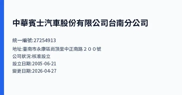 中華賓士汽車股份有限公司台南分公司的照片-統編 27254913(臺南市) 公司登記資料與營業項目詳細圖表