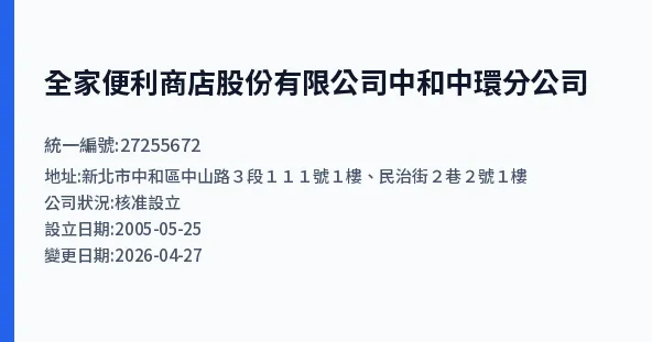 全家便利商店股份有限公司中和中環分公司的照片-統編 27255672(新北市) 公司登記資料與營業項目詳細圖表