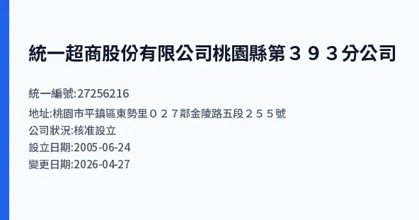 統一超商股份有限公司桃園縣第393分公司的照片-統編 27256216(桃園市) 公司登記資料與營業項目詳細圖表