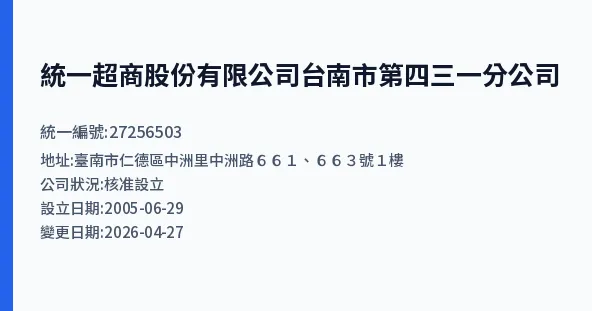 統一超商股份有限公司台南市第四三一分公司的照片-統編 27256503(臺南市) 公司登記資料與營業項目詳細圖表