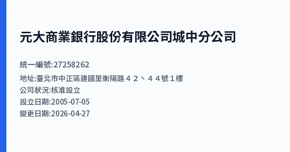 元大商業銀行股份有限公司城中分公司的照片-統編 27258262(臺北市) 公司登記資料與營業項目詳細圖表