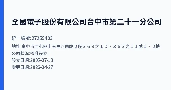 全國電子股份有限公司台中市第二十一分公司的照片-統編 27259403(臺中市) 公司登記資料與營業項目詳細圖表