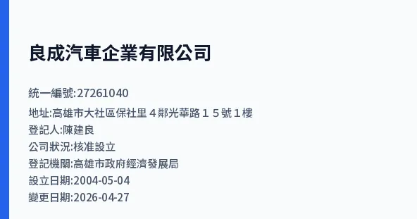 良成汽車企業有限公司的照片-統編 27261040(高雄市) 公司登記資料與營業項目詳細圖表