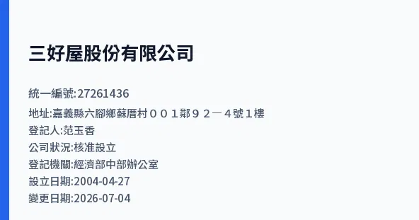 三好屋股份有限公司的照片-統編 27261436(嘉義縣) 公司登記資料與營業項目詳細圖表