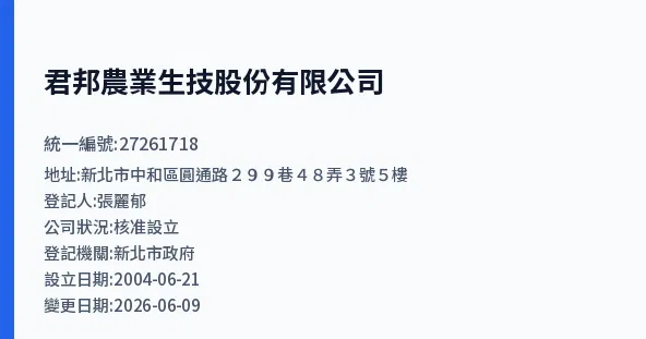 君邦農業生技股份有限公司的照片-統編 27261718(新北市) 公司登記資料與營業項目詳細圖表