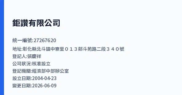 鉅讚有限公司的照片-統編 27267620(彰化縣) 公司登記資料與營業項目詳細圖表