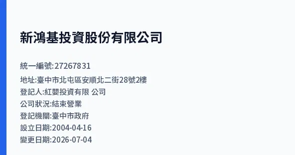 新鴻基投資股份有限公司的照片-統編 27267831(臺中市) 公司登記資料與營業項目詳細圖表
