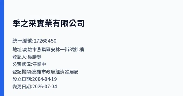 季之采實業有限公司的照片-統編 27268450(高雄市) 公司登記資料與營業項目詳細圖表