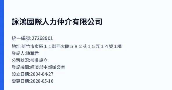 詠鴻國際人力仲介有限公司的照片-統編 27268901(新竹市) 公司登記資料與營業項目詳細圖表