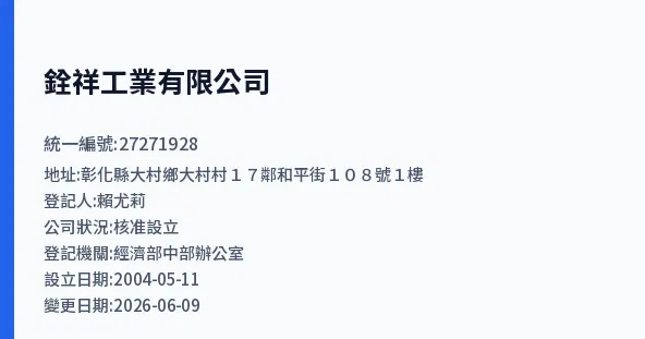 銓祥工業有限公司的照片-統編 27271928(彰化縣) 公司登記資料與營業項目詳細圖表