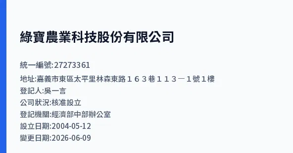 綠寶農業科技股份有限公司的照片-統編 27273361(嘉義市) 公司登記資料與營業項目詳細圖表