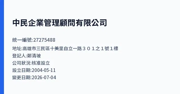 中民企業管理顧問有限公司的照片-統編 27275488(高雄市) 公司登記資料與營業項目詳細圖表