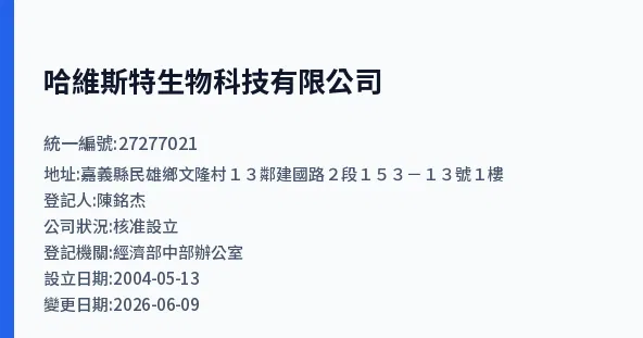 哈維斯特生物科技有限公司的照片-統編 27277021(嘉義縣) 公司登記資料與營業項目詳細圖表