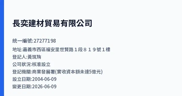 長奕建材貿易有限公司的照片-統編 27277198(嘉義市) 公司登記資料與營業項目詳細圖表