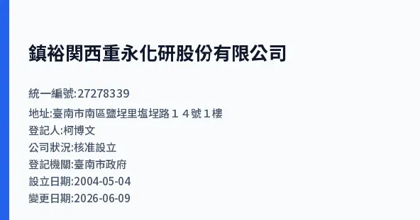 鎮裕関西重永化研股份有限公司的照片-統編 27278339(臺南市) 公司登記資料與營業項目詳細圖表