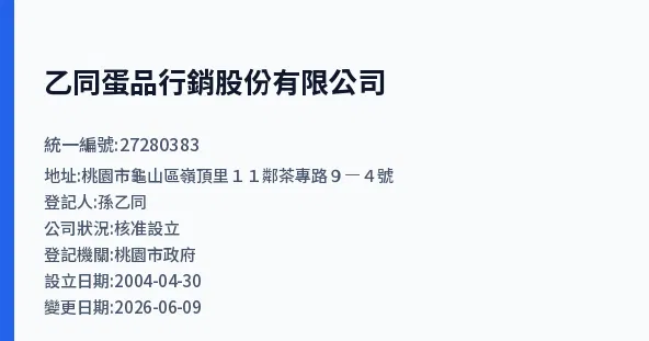 乙同蛋品行銷股份有限公司的照片-統編 27280383(桃園市) 公司登記資料與營業項目詳細圖表
