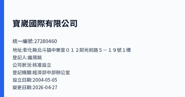寶崴國際有限公司的照片-統編 27280460(彰化縣) 公司登記資料與營業項目詳細圖表