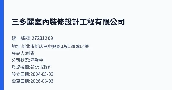 三多麗室內裝修設計工程有限公司的照片-統編 27281209(新北市) 公司登記資料與營業項目詳細圖表