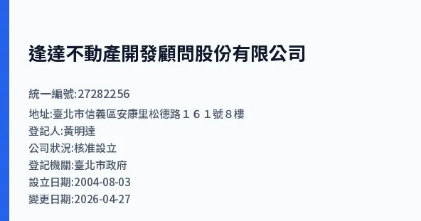 逢達不動產開發顧問股份有限公司的照片-統編 27282256(臺北市) 公司登記資料與營業項目詳細圖表