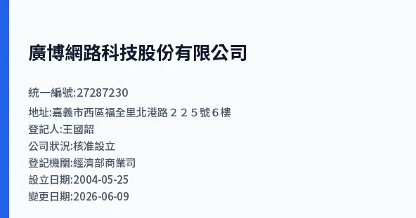 廣博網路科技股份有限公司的照片-統編 27287230(嘉義市) 公司登記資料與營業項目詳細圖表