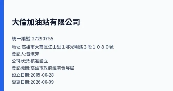 大倫加油站有限公司的照片-統編 27290755(高雄市) 公司登記資料與營業項目詳細圖表
