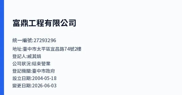 富鼎工程有限公司的照片-統編 27293296(臺中市) 公司登記資料與營業項目詳細圖表