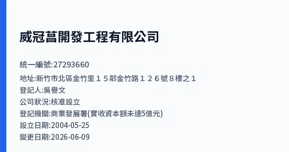威冠菖開發工程有限公司的照片-統編 27293660(新竹市) 公司登記資料與營業項目詳細圖表