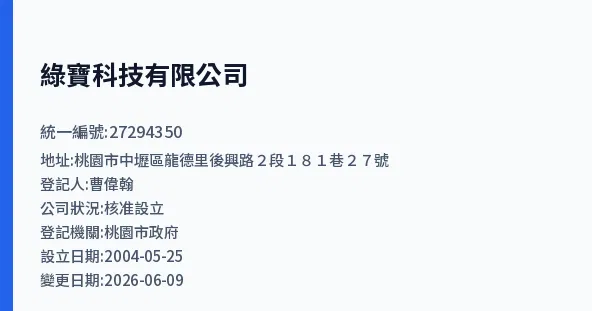 綠寶科技有限公司的照片-統編 27294350(桃園市) 公司登記資料與營業項目詳細圖表