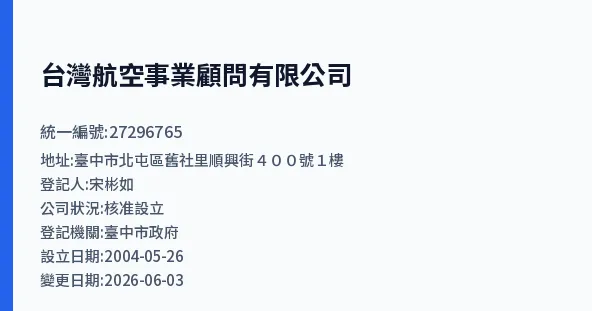 台灣航空事業顧問有限公司的照片-統編 27296765(臺中市) 公司登記資料與營業項目詳細圖表