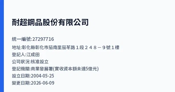 耐超鋼品股份有限公司的照片-統編 27297716(彰化縣) 公司登記資料與營業項目詳細圖表