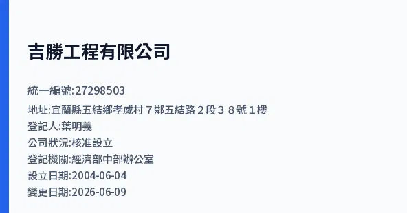 吉勝工程有限公司的照片-統編 27298503(宜蘭縣) 公司登記資料與營業項目詳細圖表