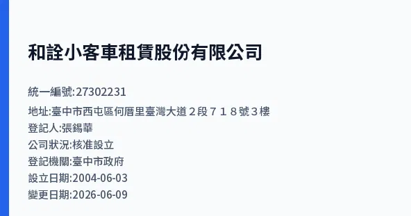 和詮小客車租賃股份有限公司的照片-統編 27302231(臺中市) 公司登記資料與營業項目詳細圖表