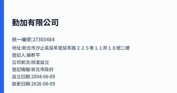 勤加有限公司的照片-統編 27303484(新北市) 公司登記資料與營業項目詳細圖表