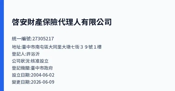 啓安財產保險代理人有限公司的照片-統編 27305217(臺中市) 公司登記資料與營業項目詳細圖表