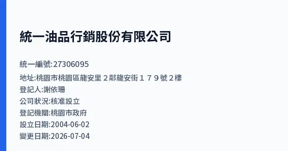 統一油品行銷股份有限公司的照片-統編 27306095(桃園市) 公司登記資料與營業項目詳細圖表
