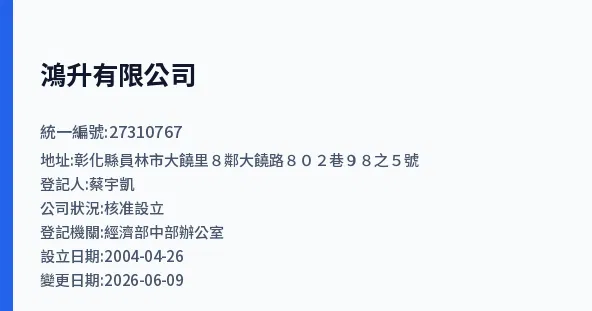 鴻升有限公司的照片-統編 27310767(彰化縣) 公司登記資料與營業項目詳細圖表