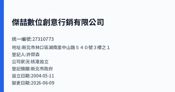 傑喆數位創意行銷有限公司的照片-統編 27310773(新北市) 公司登記資料與營業項目詳細圖表