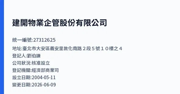 建開物業企管股份有限公司的照片-統編 27312625(臺北市) 公司登記資料與營業項目詳細圖表