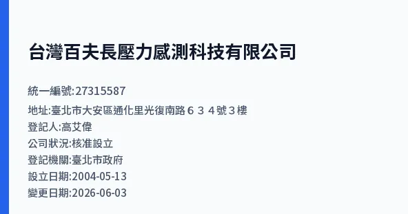 台灣百夫長壓力感測科技有限公司的照片-統編 27315587(臺北市) 公司登記資料與營業項目詳細圖表